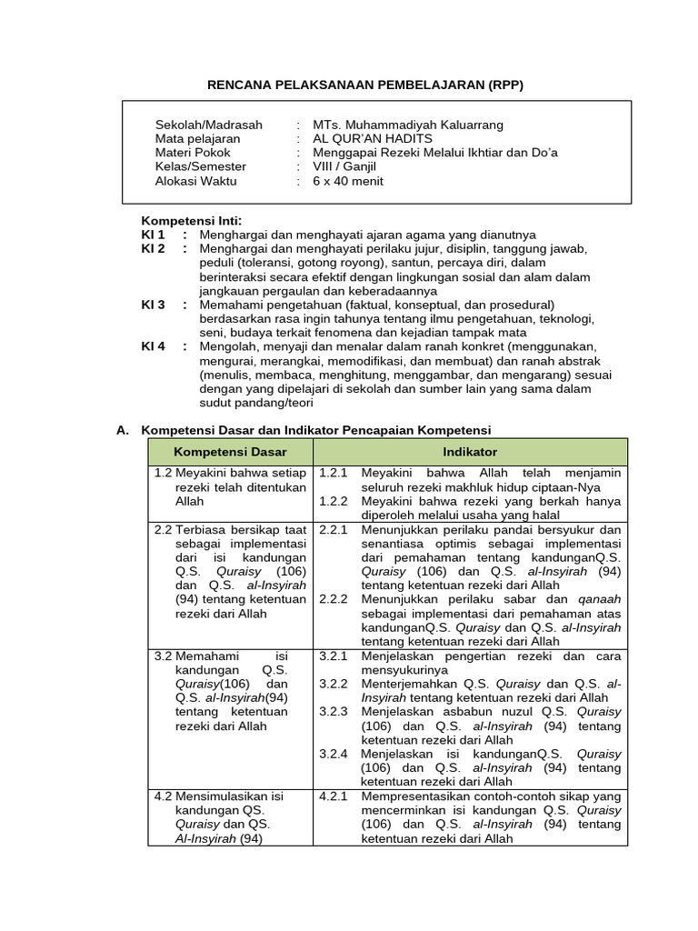 RPP QH 8 Bab 2 Ganjil K 13 2017 | PDF | Semitic Words And Phrases | Abrahamic Religions