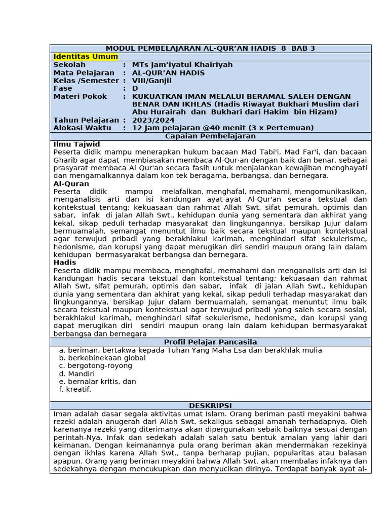 Modul Al Quran Hadis 8 Bab 3 | PDF