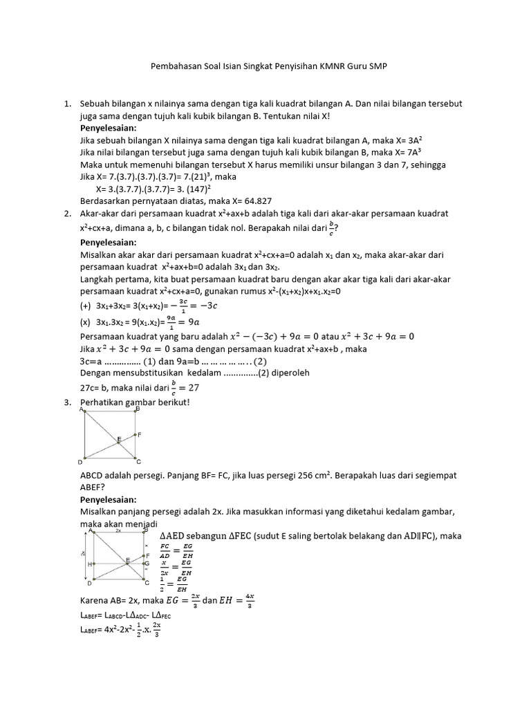 Pembahasan Soal Isian Singkat Penyisihan KMNR Guru SMP | PDF