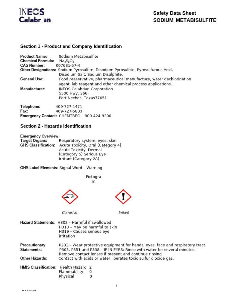Sodium meta Bisulfite sds | PDF