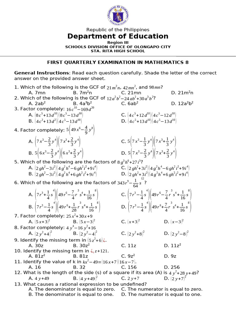 GRADE - 8 - Mathematics - 1st Quarterly Examination | PDF ...