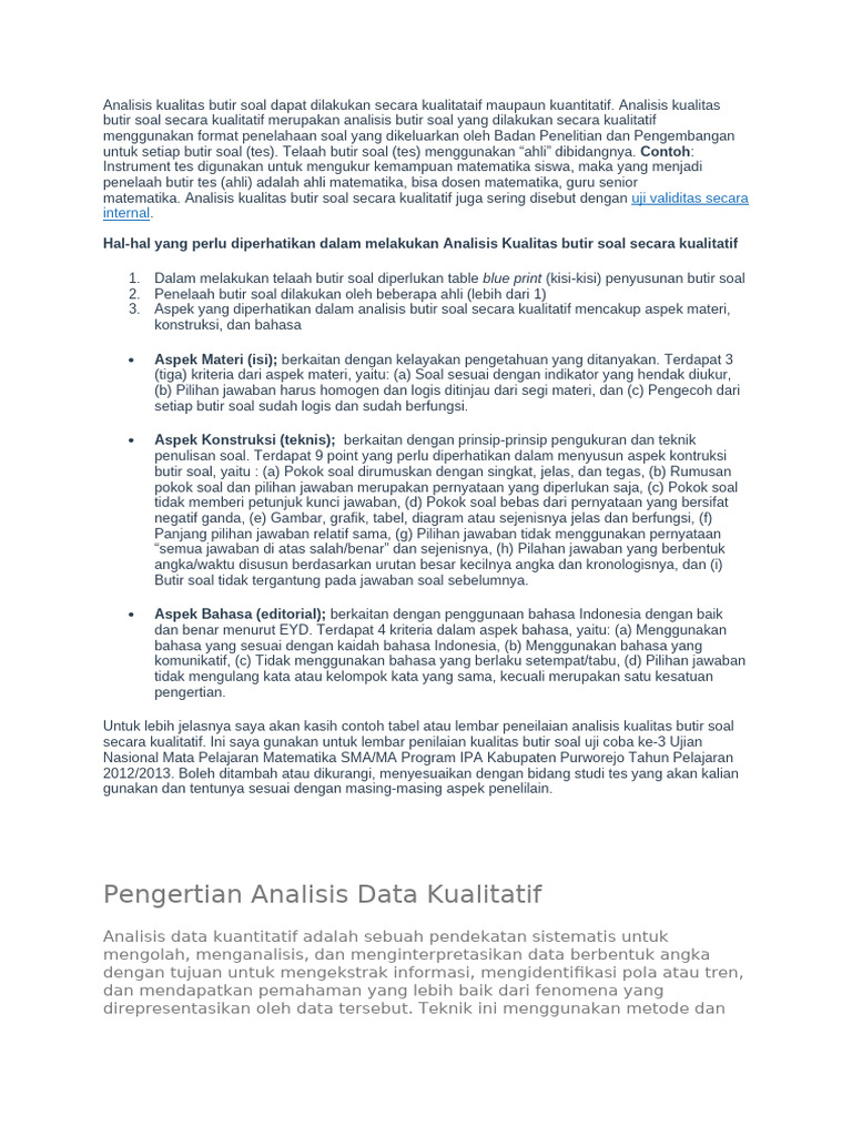 Materi Analisis Kualitas Butir Soal Secara Kualitataif Dan Kuantitatif | PDF