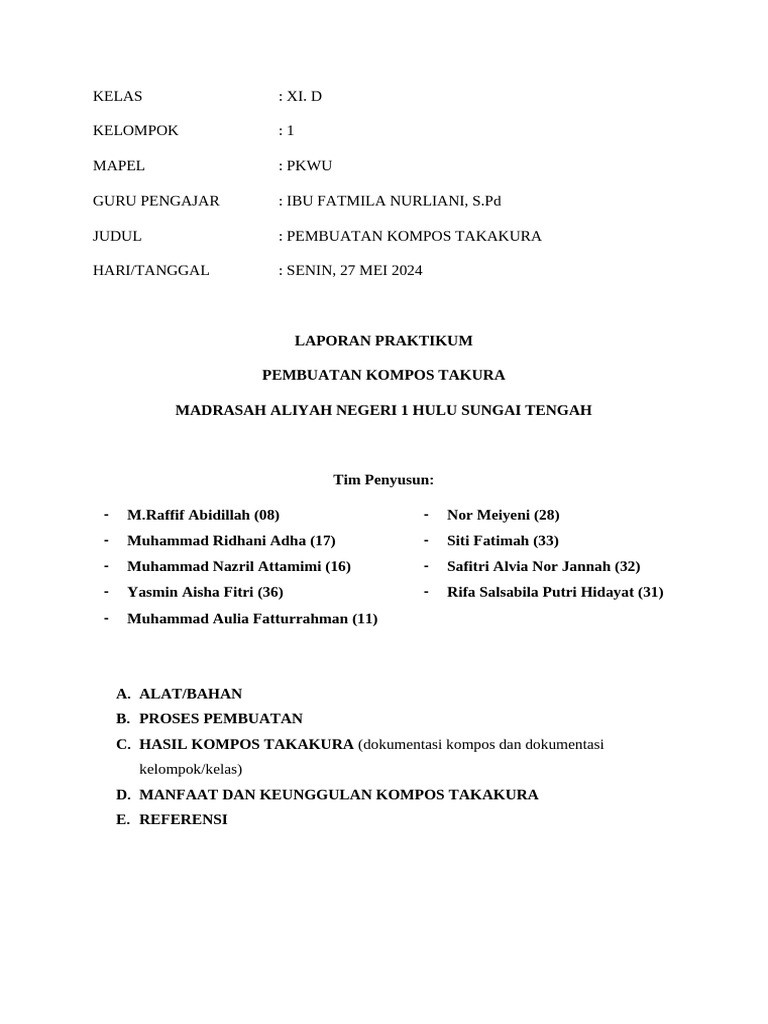 LAPORAN PEMBUATAN KOMPOS TAKAKURA PKWU SEMESTER.2 | PDF LAPORAN PEMBUATAN KOMPOS TAKAKURA PKWU SEMESTER.2 | PDF
