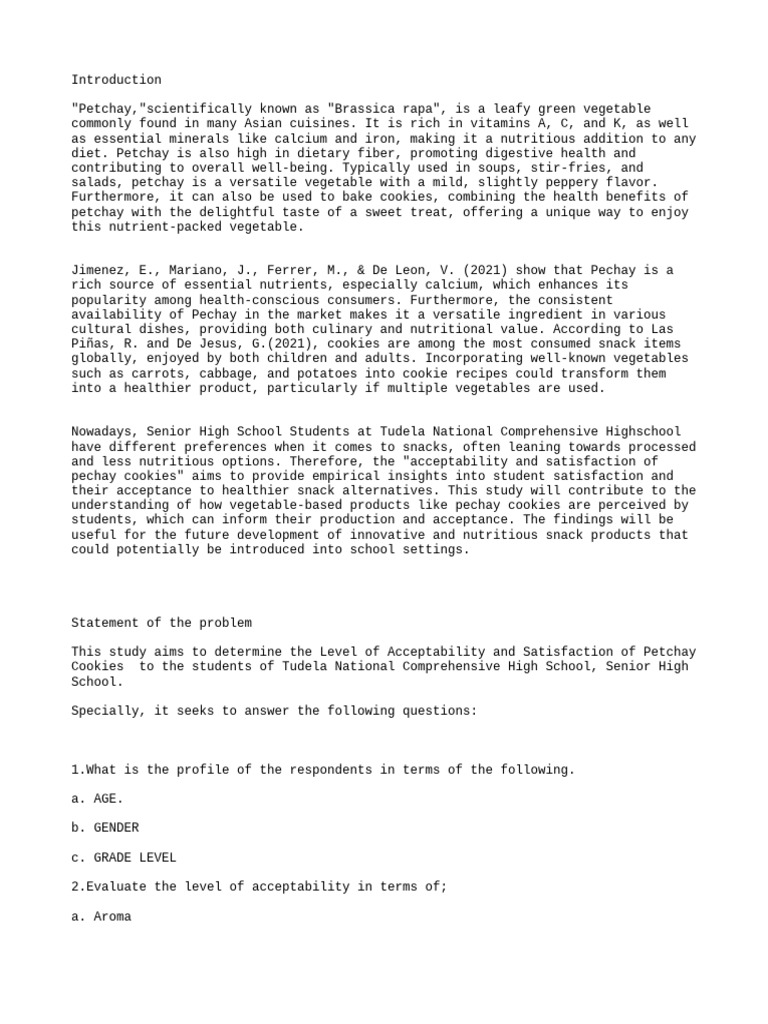Level of Acceptability and Satisfaction of Pechay Cookies Among Senior ...