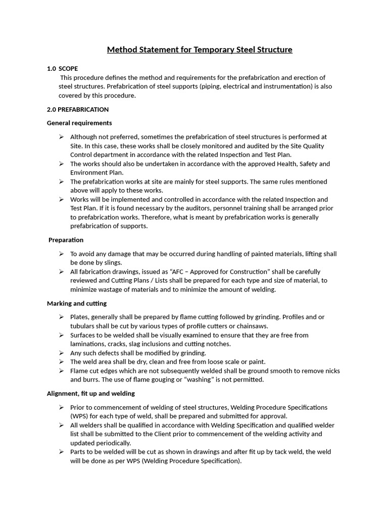 Method Statement For Steel Structure | PDF
