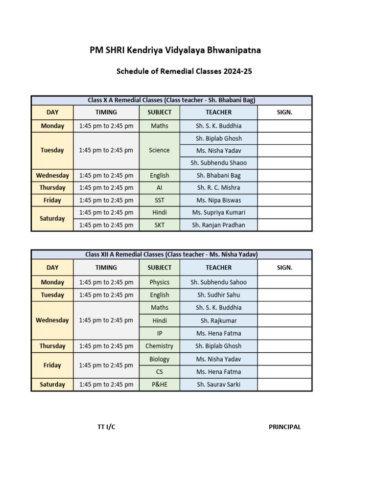 Remedial Class Schedule 2024-25 | PDF