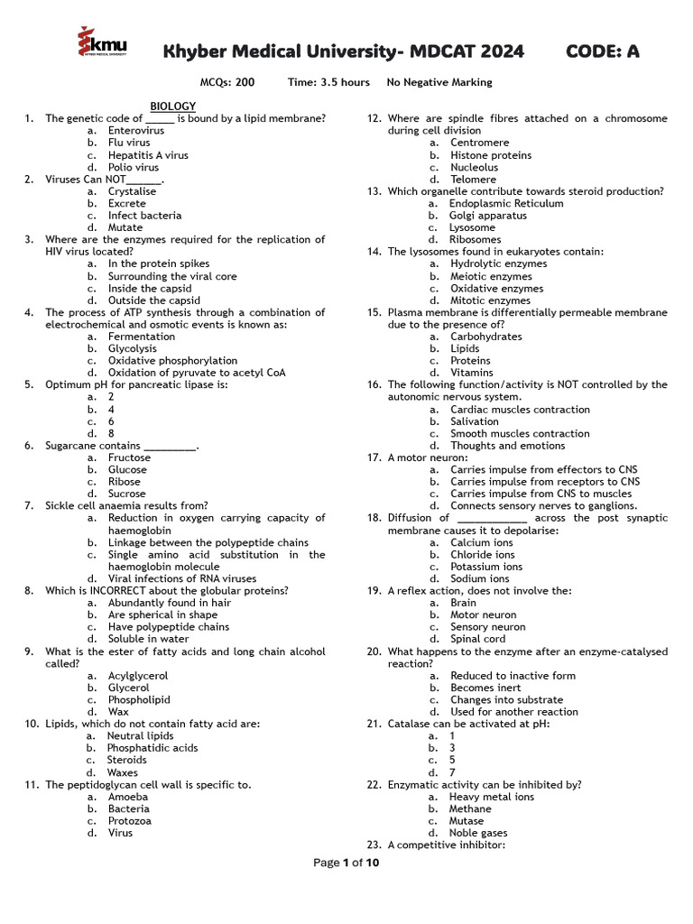 KMU MDCAT Paper 2024 | PDF