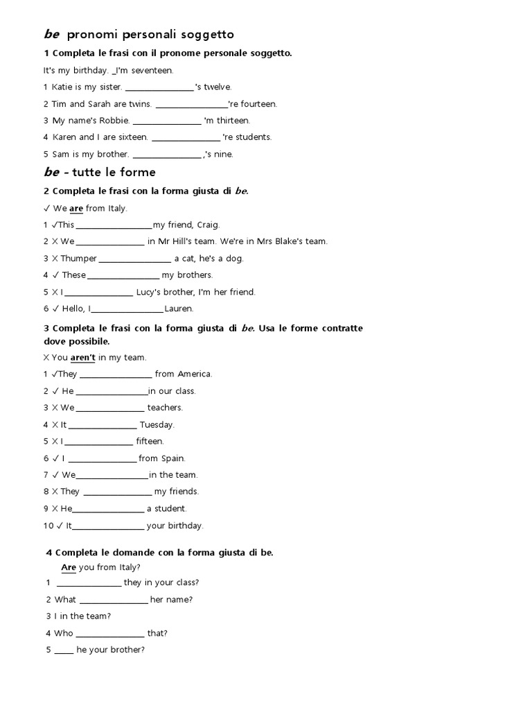 Pronomi Personali Soggetto: 1 Completa Le Frasi Con Il Pronome ...