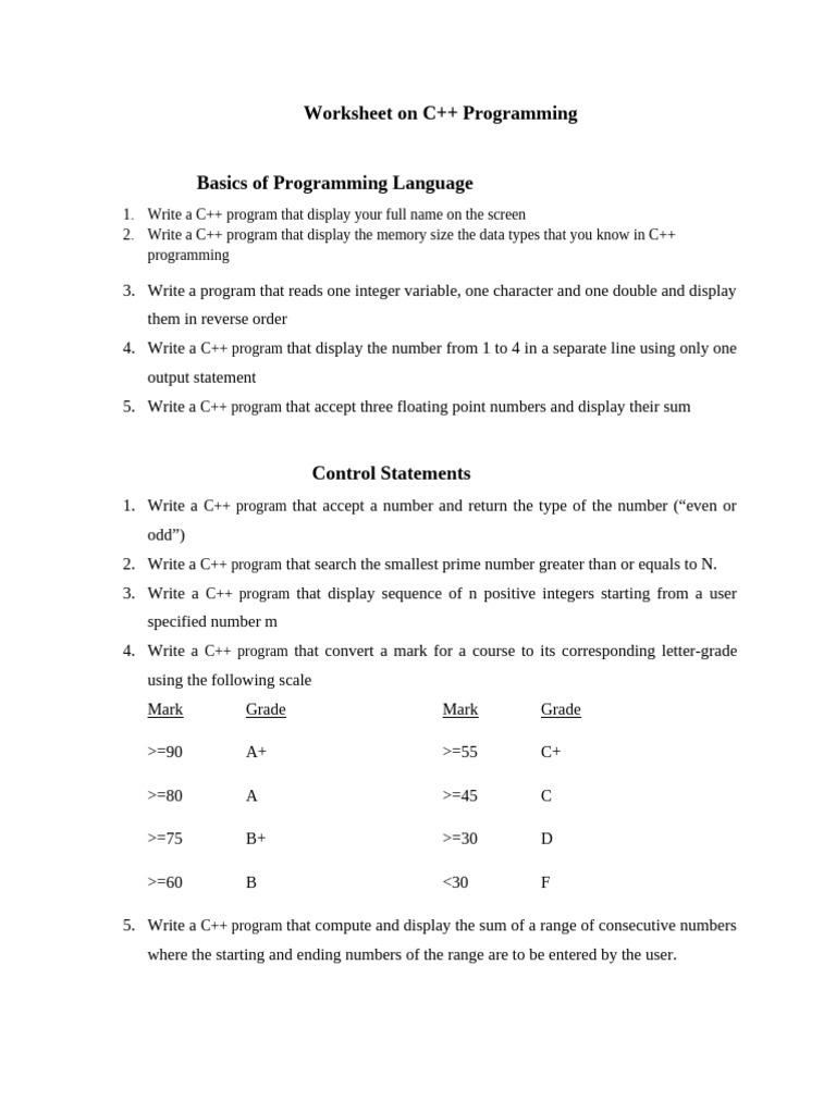 Worksheet on C++ | PDF