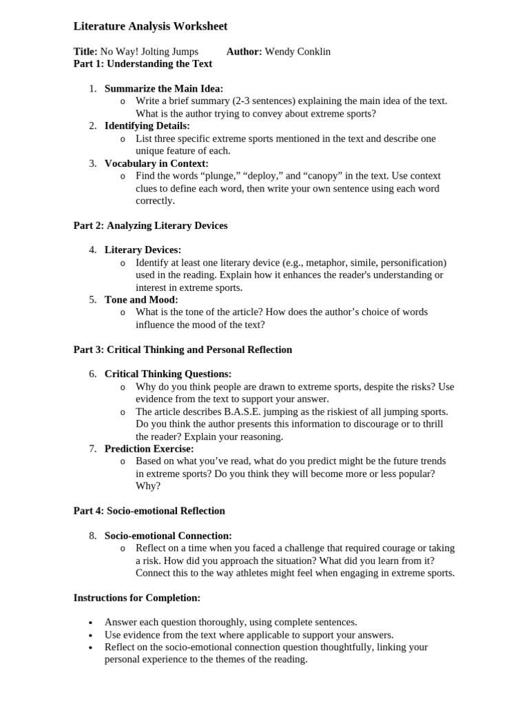 Literature Analysis Worksheet | PDF