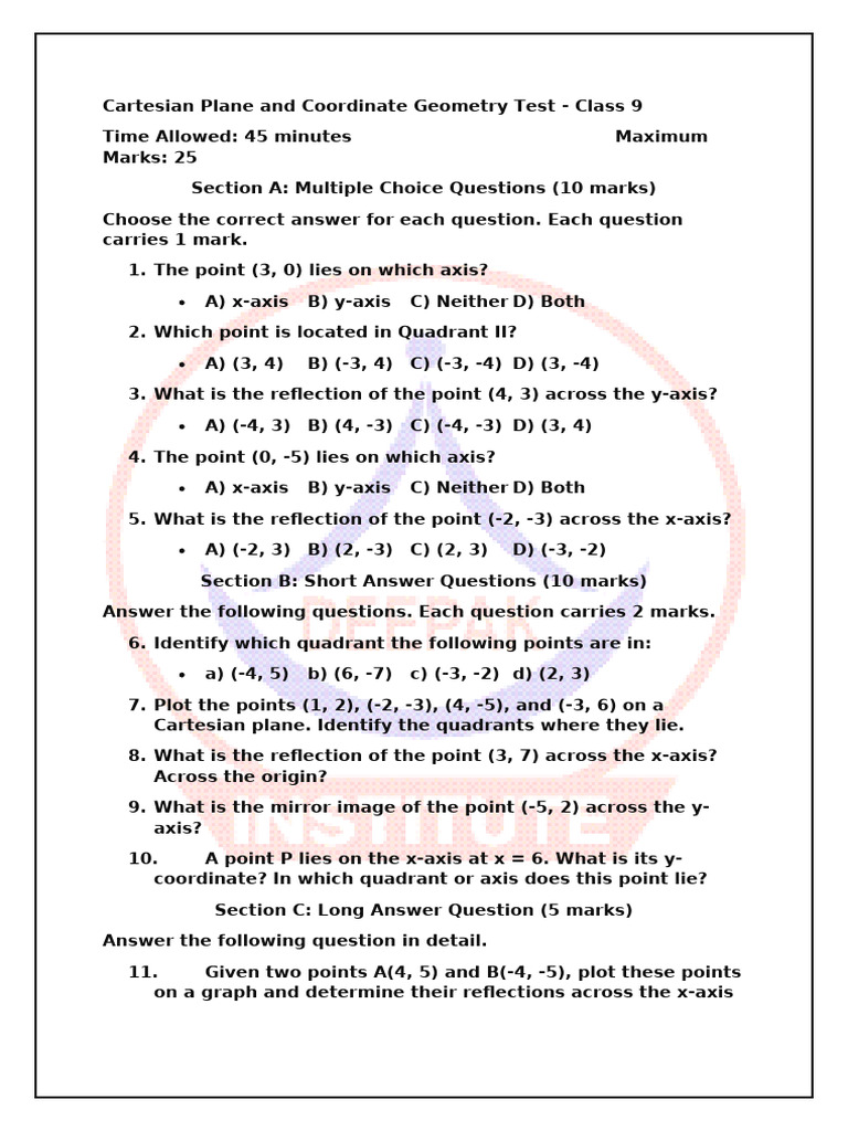 Cartesian Plane and Coordinate Geometry Test | PDF