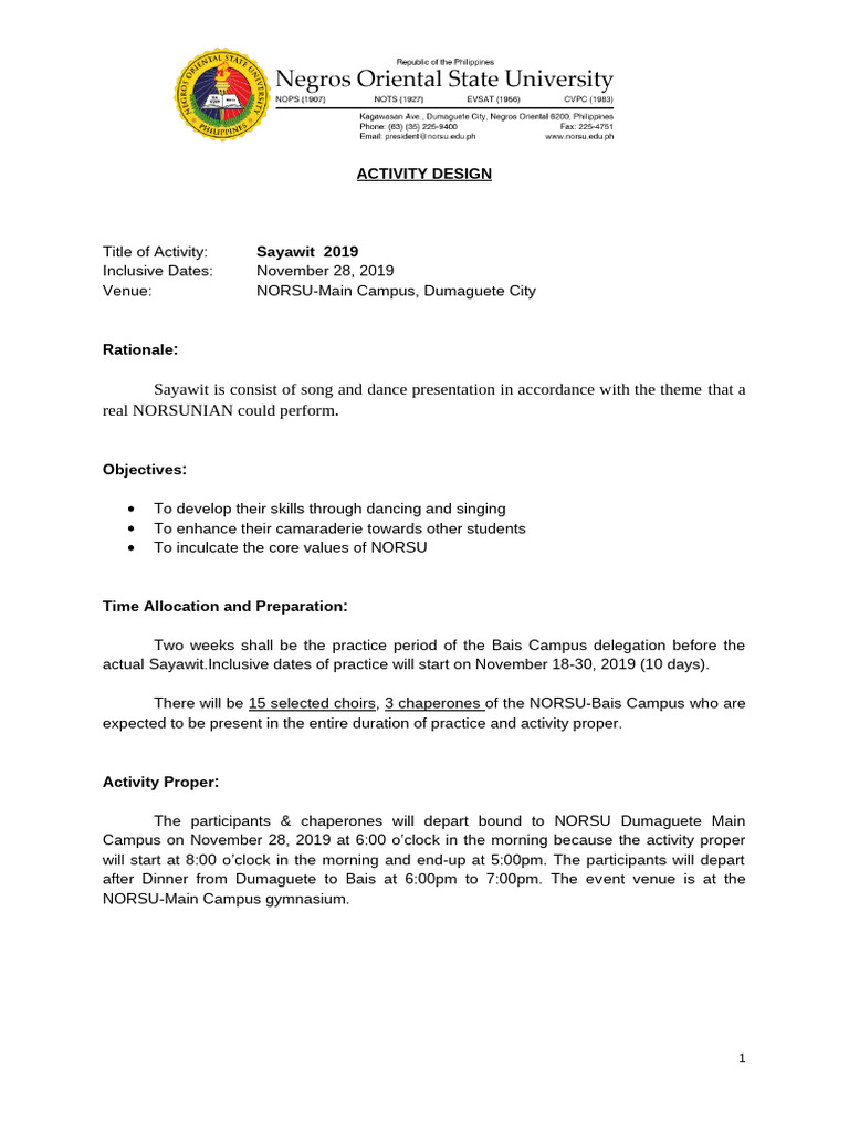 Activity Design SAYAWIT 2019 | PDF