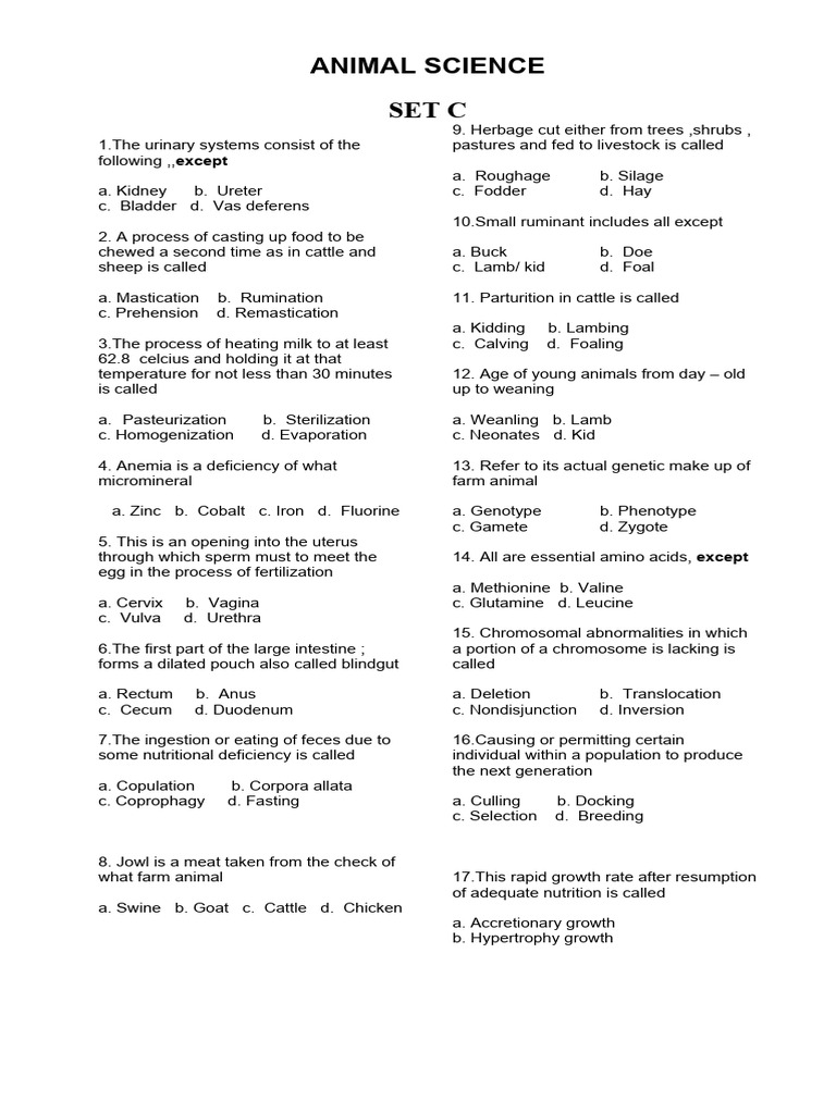 Animal Science - 100 Q A Set C | PDF | Reproductive System | Science ...