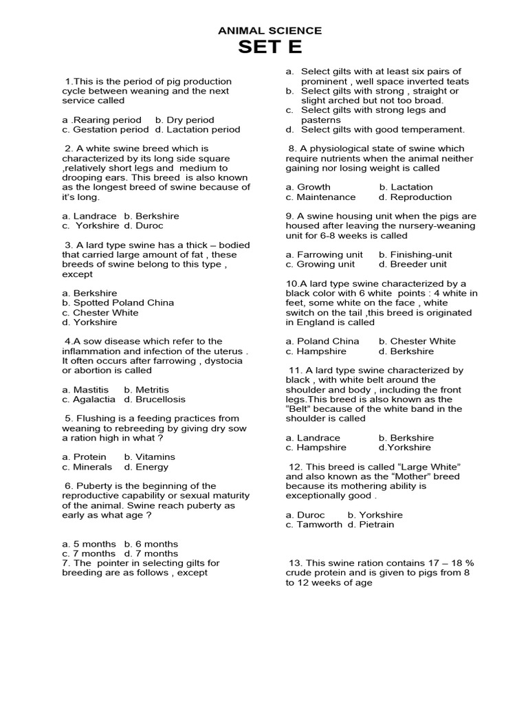Animal Science - 100 Q A Set e | PDF | Pig | Science & Mathematics