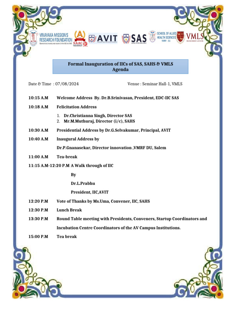 IIC Inauguration Agenda | PDF