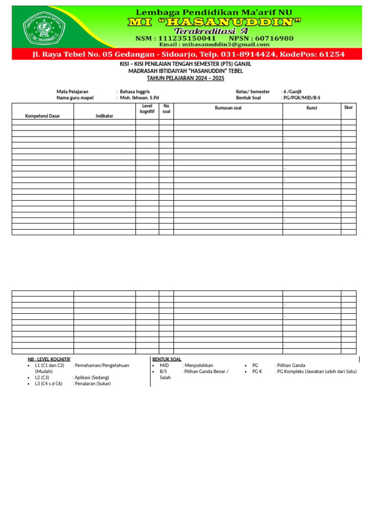 Form Kisi2 PTS 1 | PDF