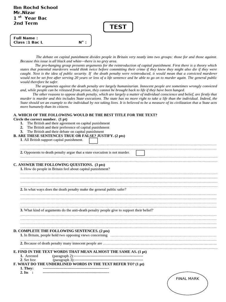 Capital Punishment Reading Test Bac 1 | PDF