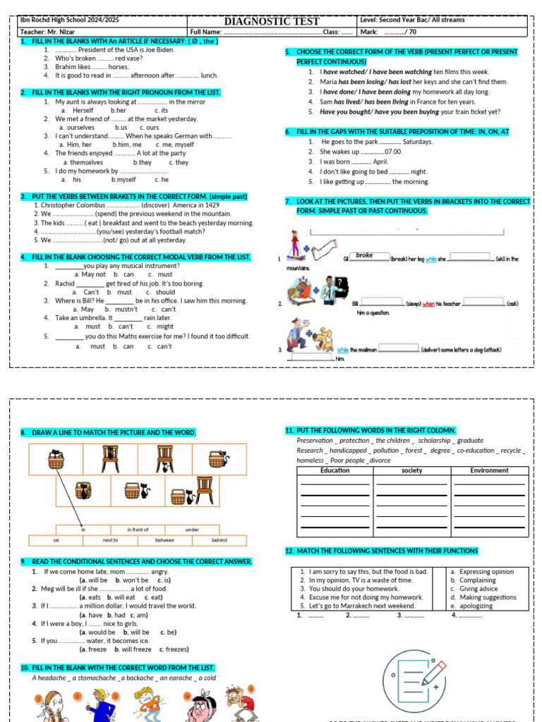 English Diagnostic Test for 2nd Year Bac | PDF | Language Mechanics ...