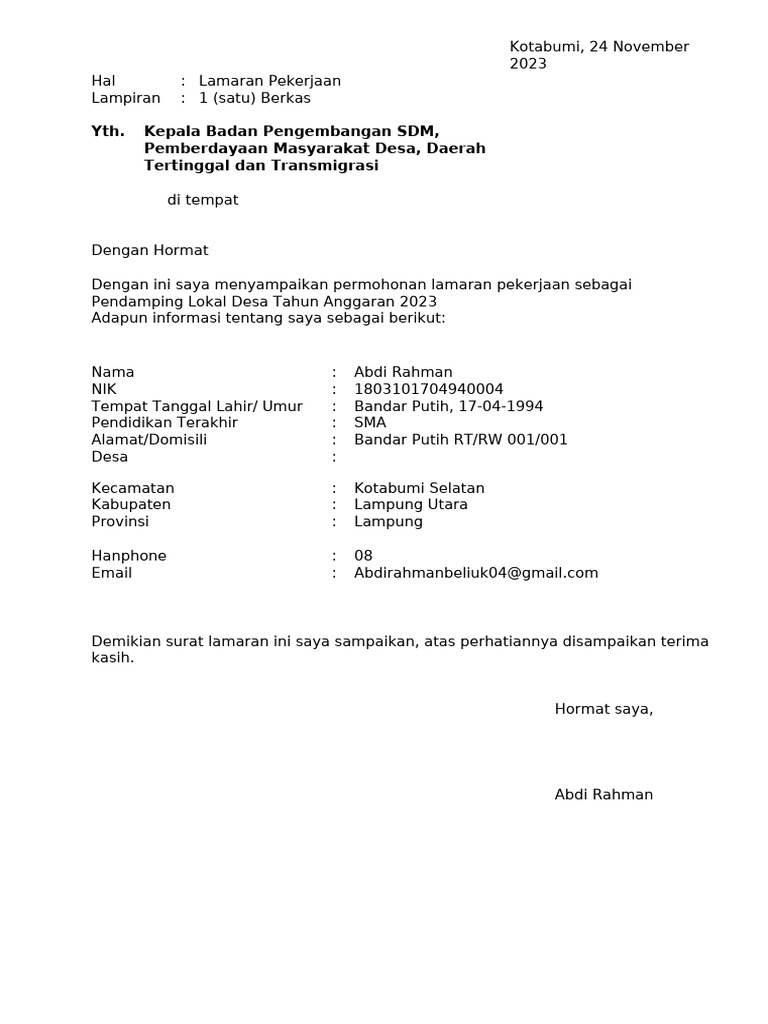 Contoh Surat Pendamping Lokal Desa PLD Tahun Anggaran 2023 | PDF