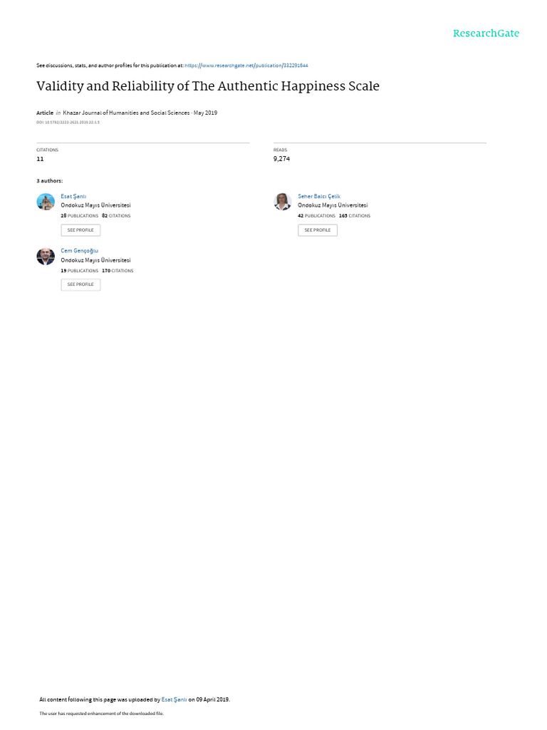 Validity and Reliability of The Authentic Happiness Scale | PDF