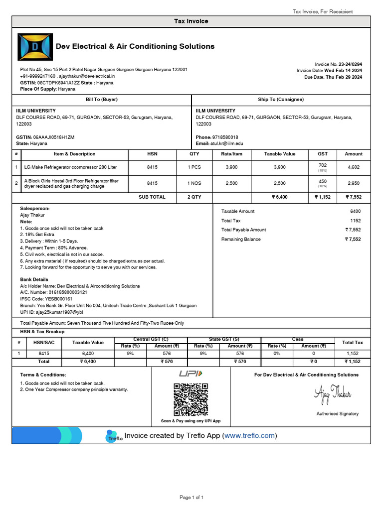 Dev Electrical & Air Conditioning Solutions: Tax Invoice | PDF