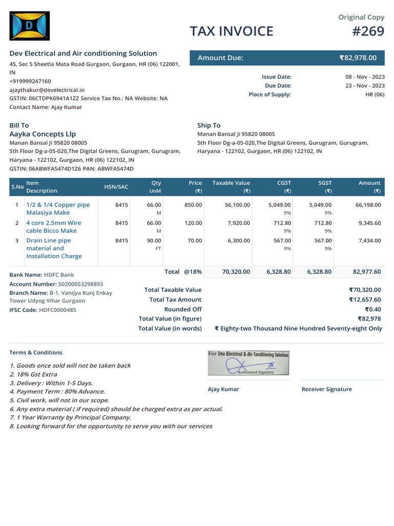 Tax Invoice #269: Dev Electrical and Air Conditioning Solution | PDF