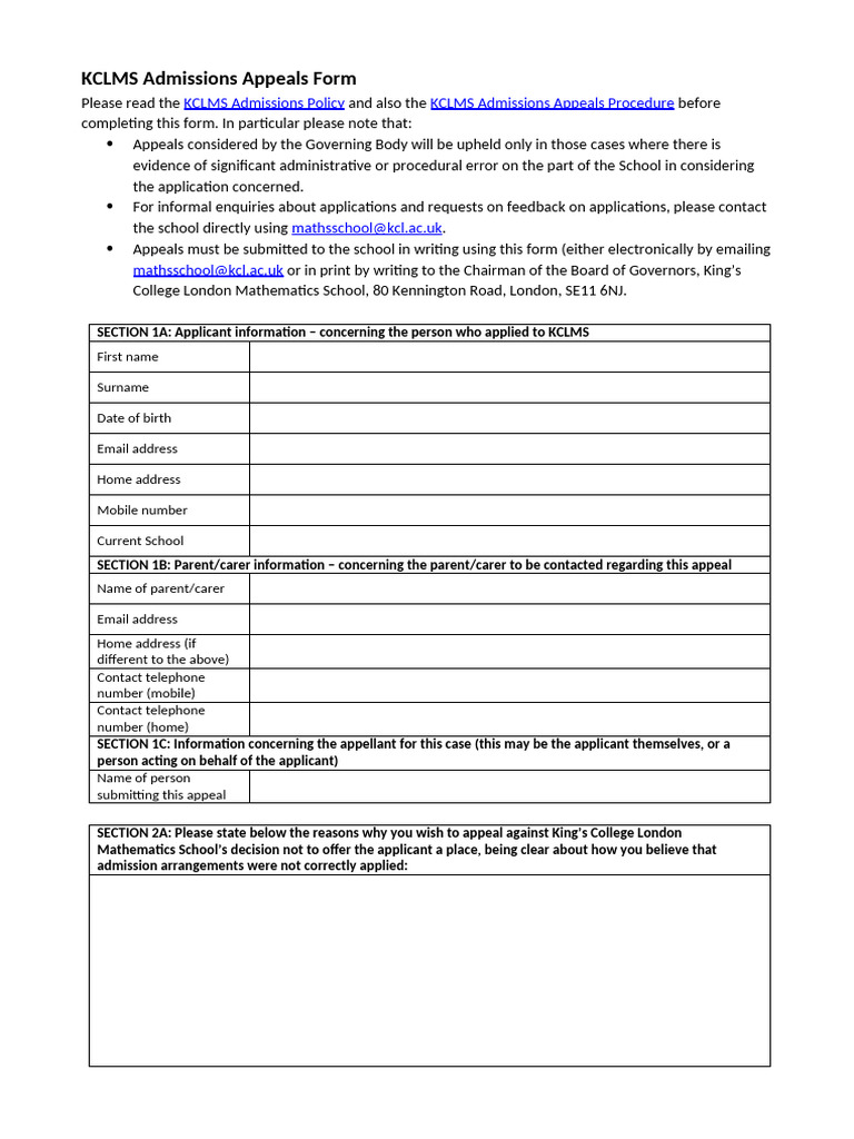 Admissions Appeals Form | PDF