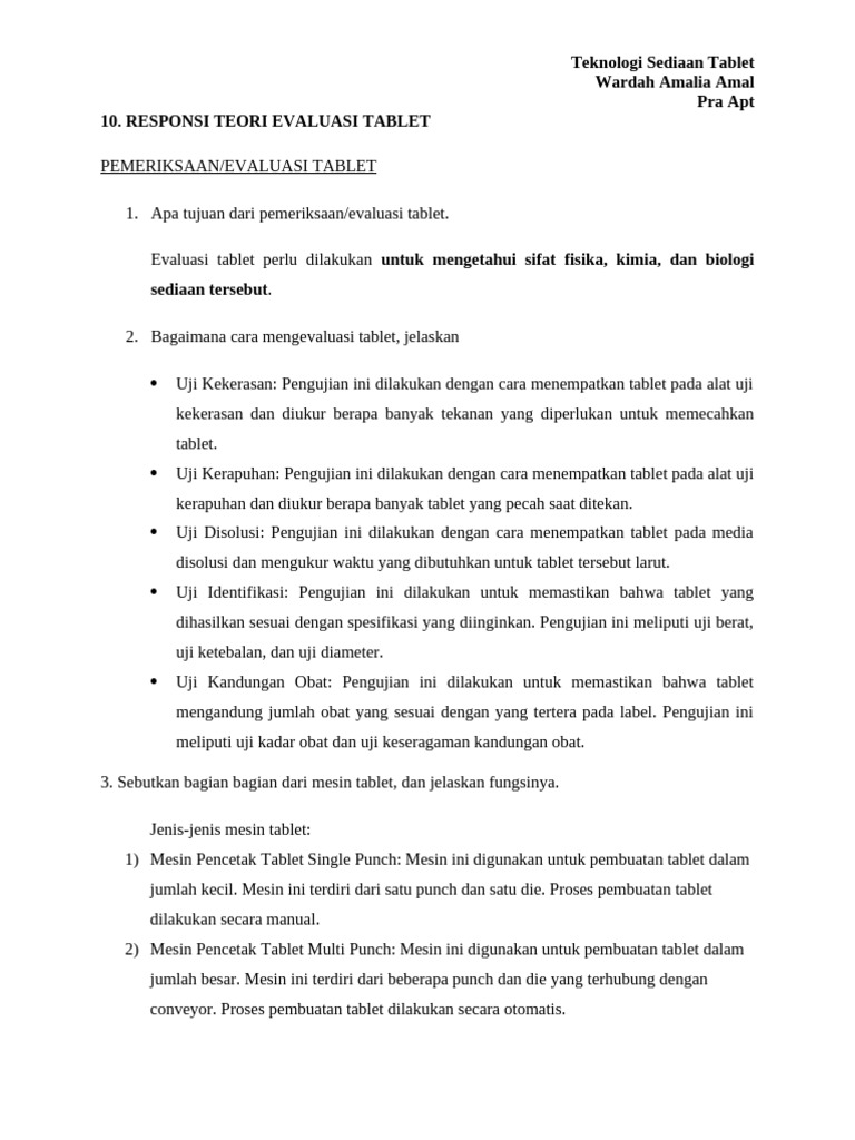 Responsi Teori Evaluasi Tablet | PDF