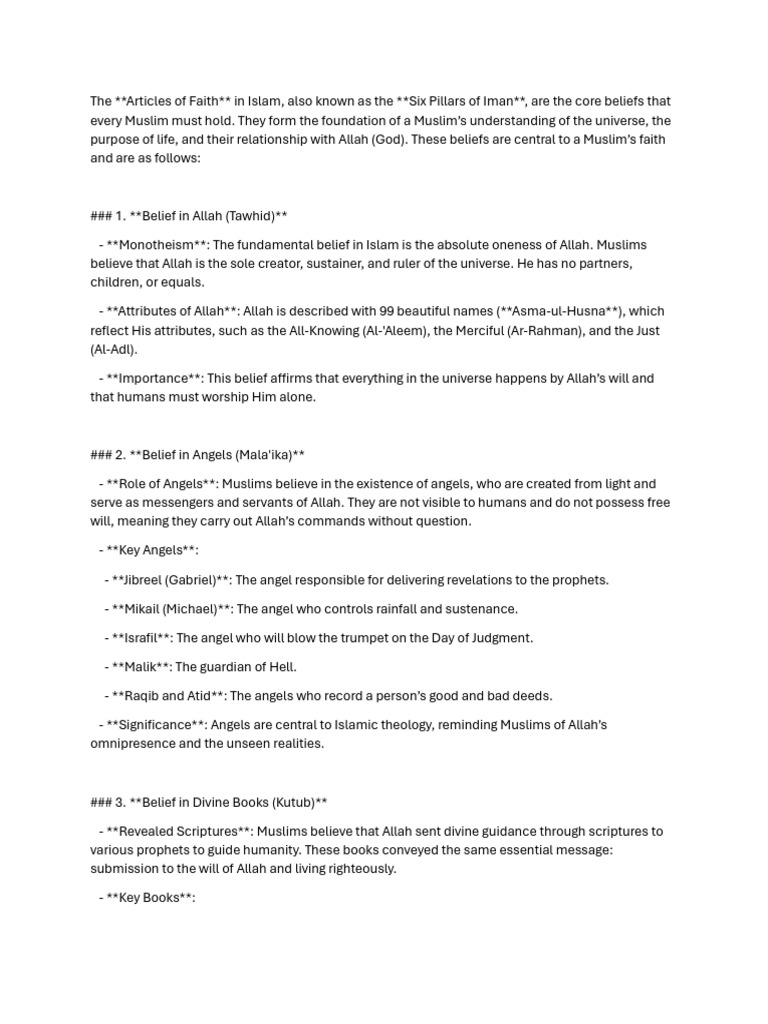 Six Articles Of Faith in Islam | PDF