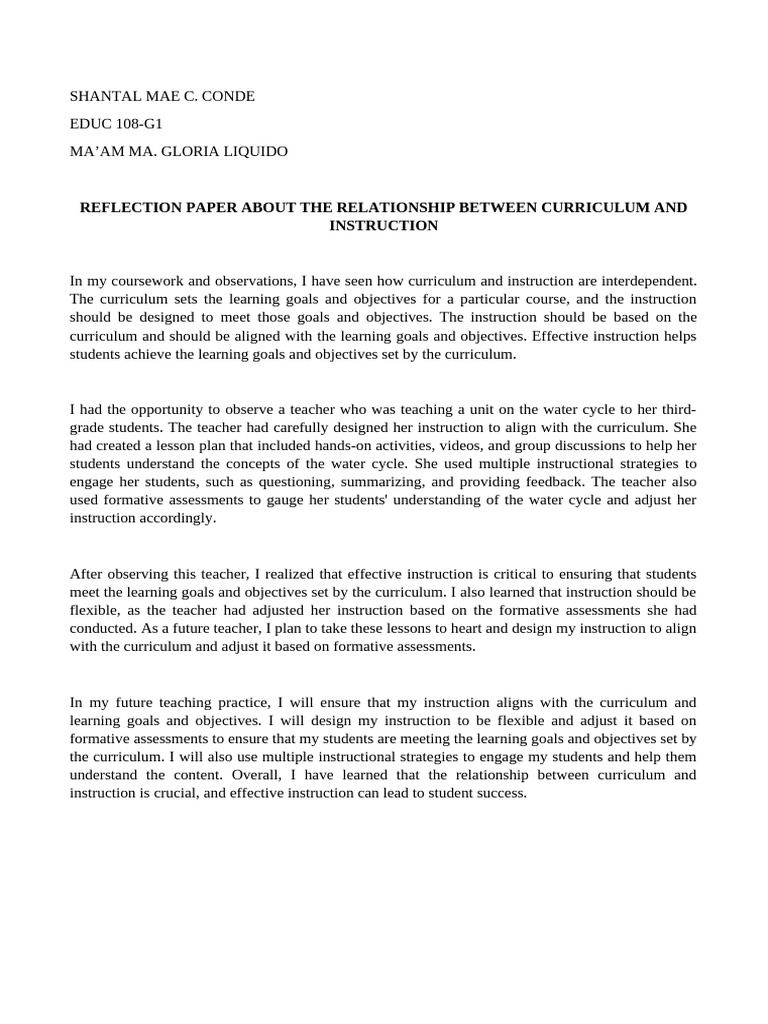 Reflection Paper About The Relationship Between Curriculum and ...