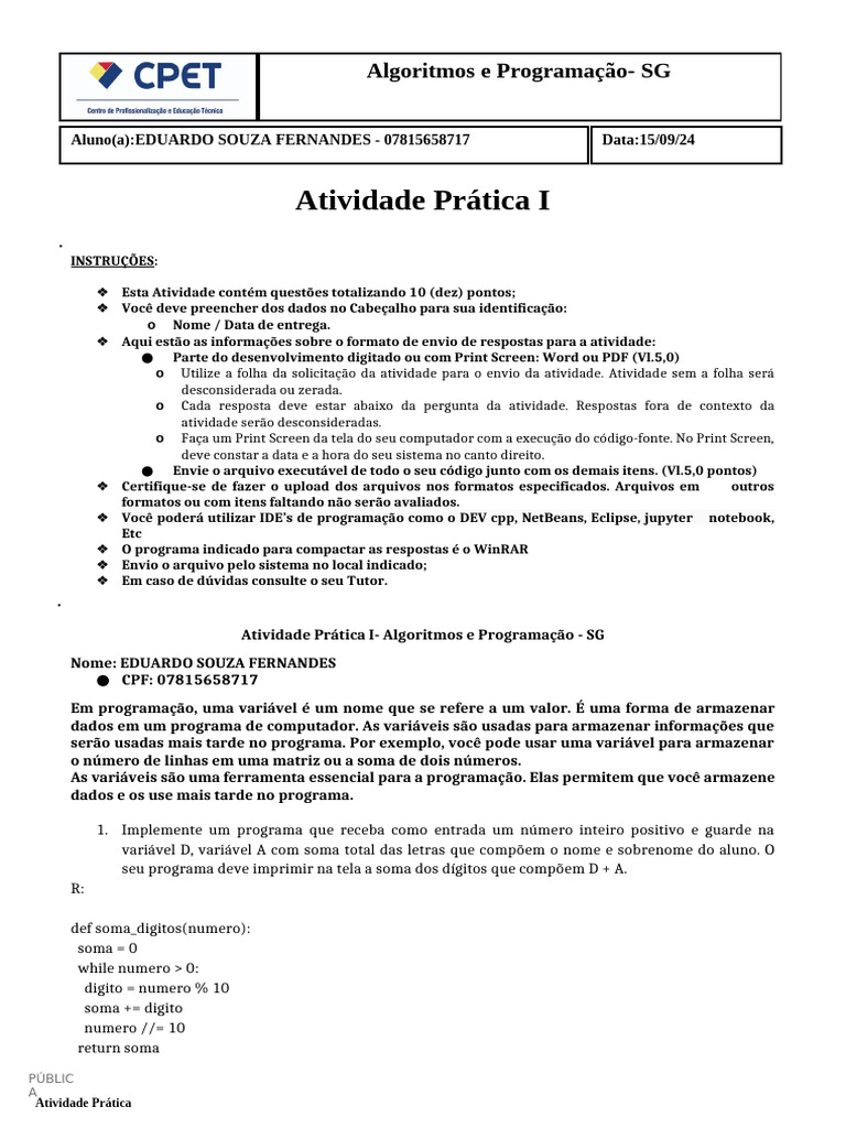 Atividade Pratica-I Algoritmos e Programacao | PDF Atividade Pratica-I Algoritmos e Programacao | PDF