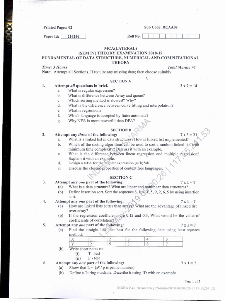 Fundamental of Data Structure Numerical & Computational Theory RCA-A02 UT QP Even 18-19 | PDF