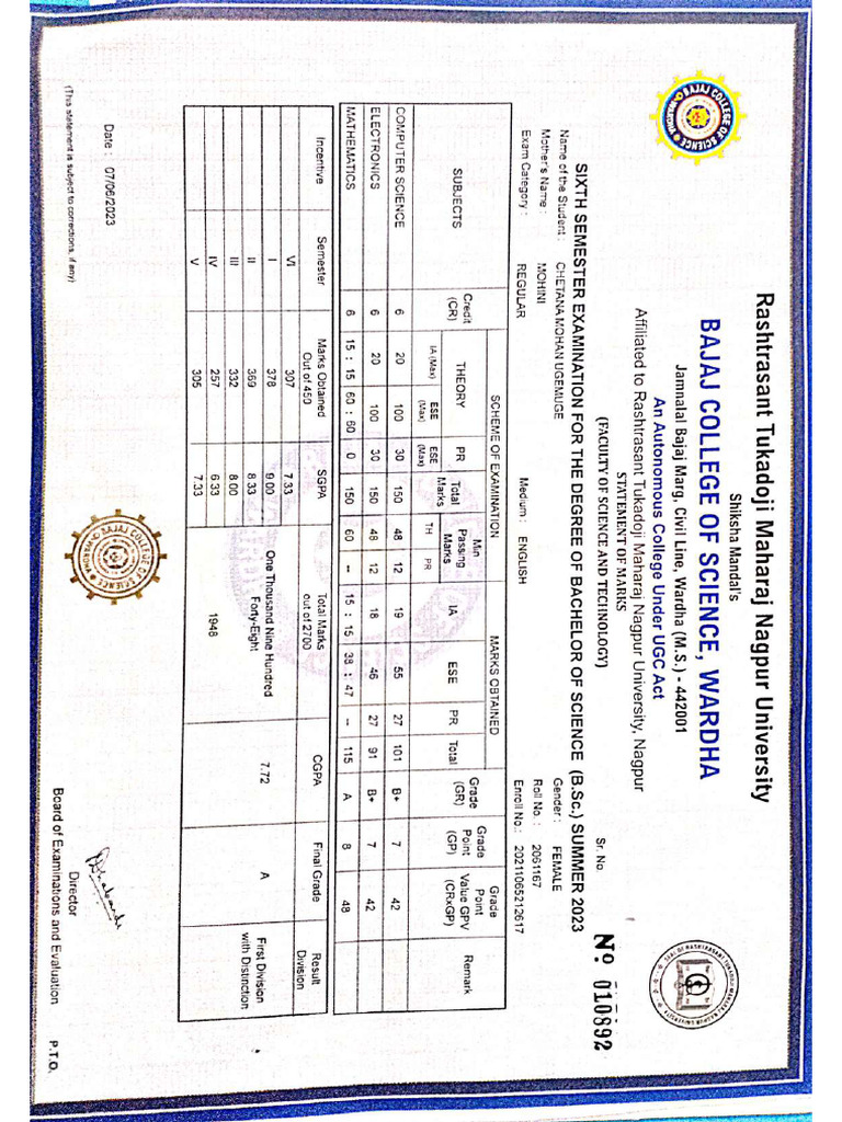 BSC Marksheet | PDF