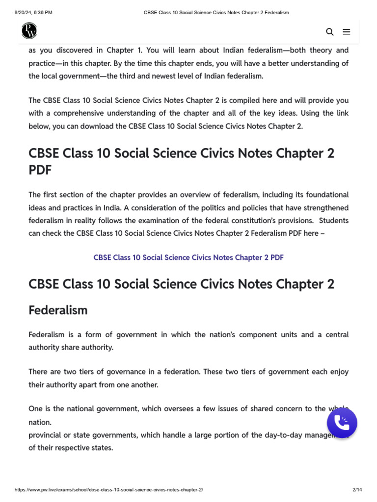 Class 10 Social Science Civics Notes Chapter 2 Federalism | PDF