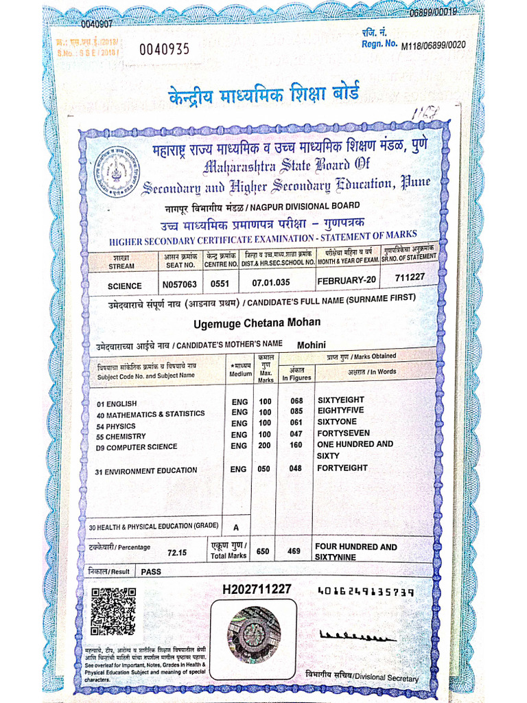 12th Marksheet | PDF