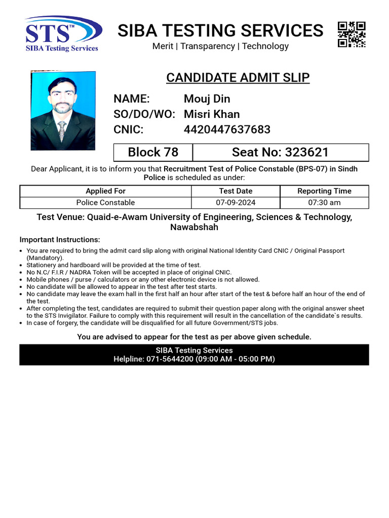Siba Testing Services: Candidate Admit Slip | PDF