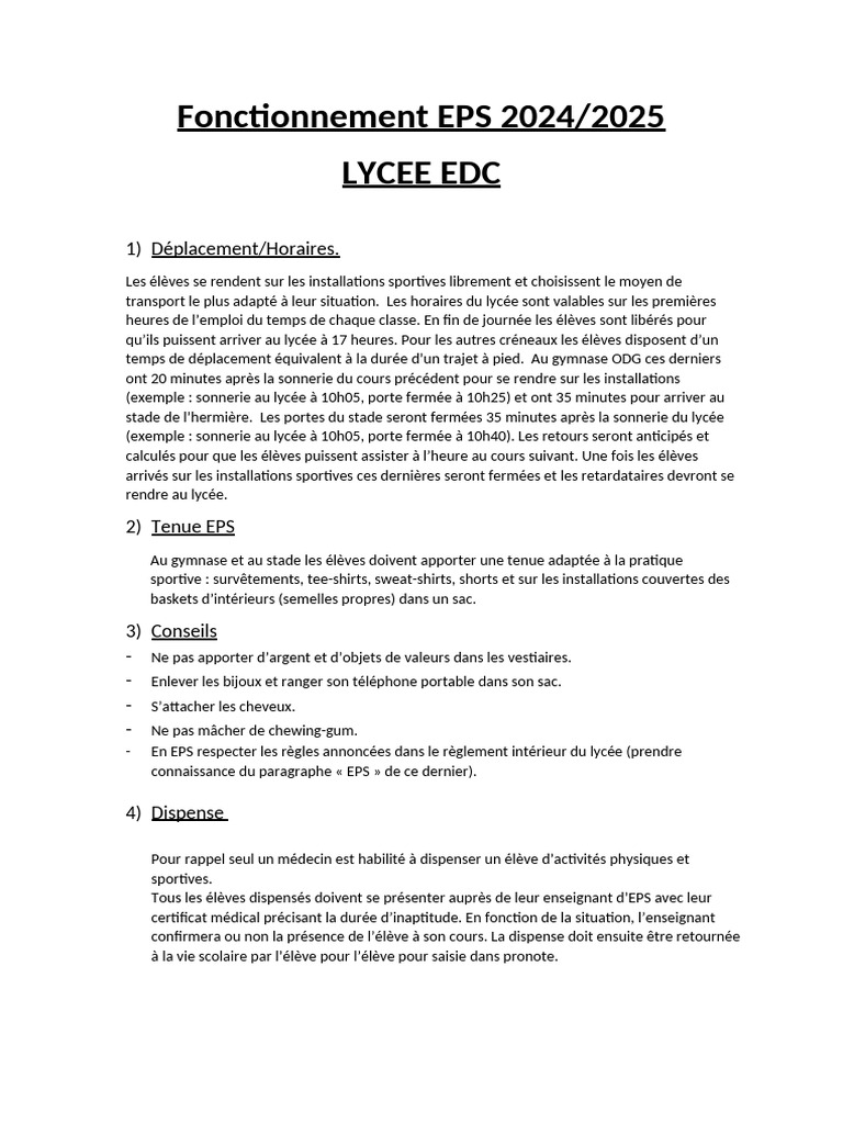 Fonctionnement EPS Lycée EDC | PDF