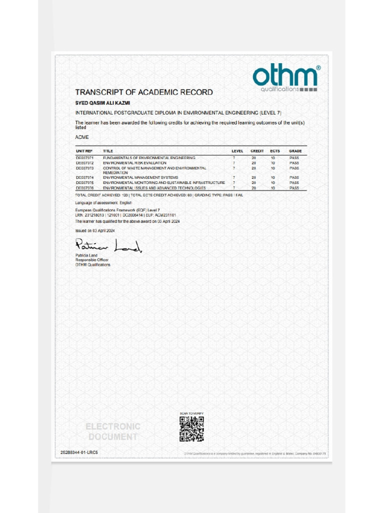 Othm Level-7 Certificate & Academic Record | PDF