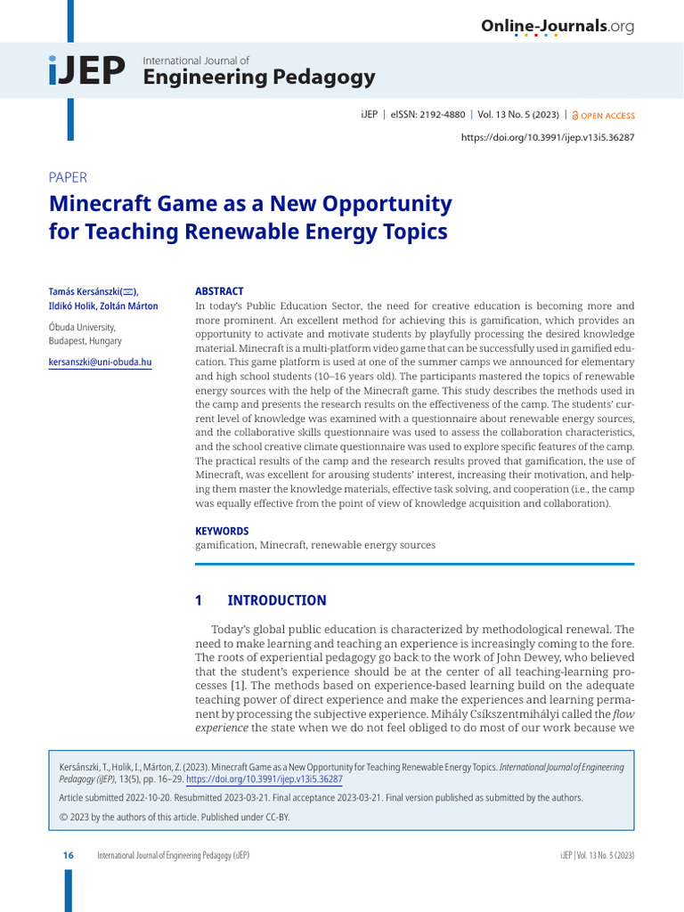 Engineering Pedagogy: Minecraft Game As A New Opportunity For Teaching Renewable Energy Topics | PDF