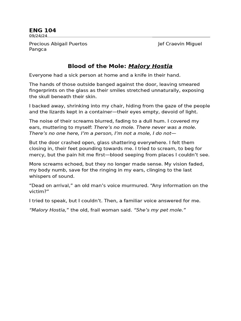 ENG 104 - Malory Hostia | PDF | Mystery, Thriller & Crime Fiction | Poetry