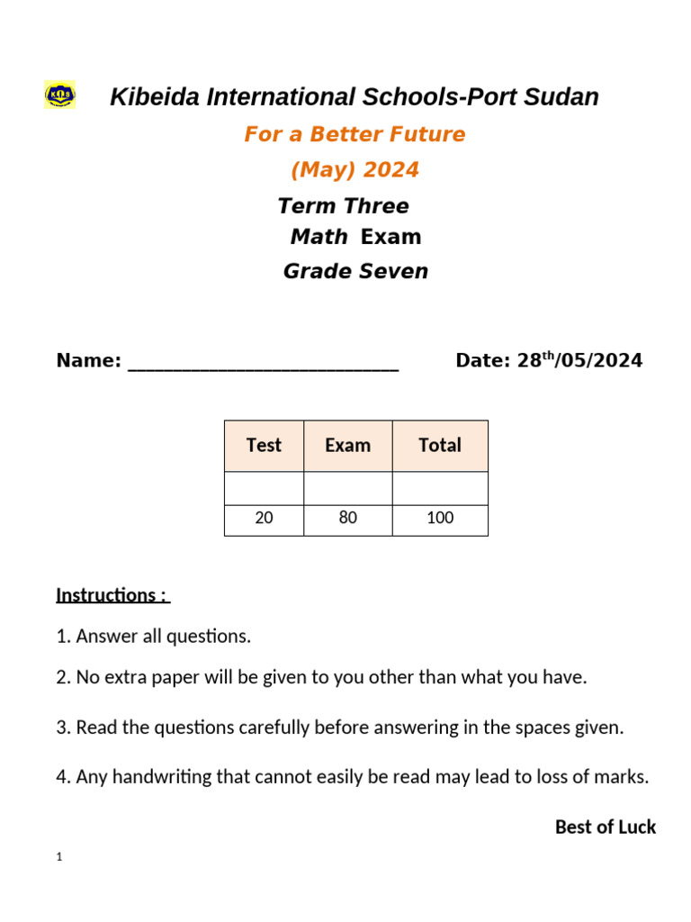Grade 7 Term 3 Math Exam 2024 | PDF | Mean | Probability