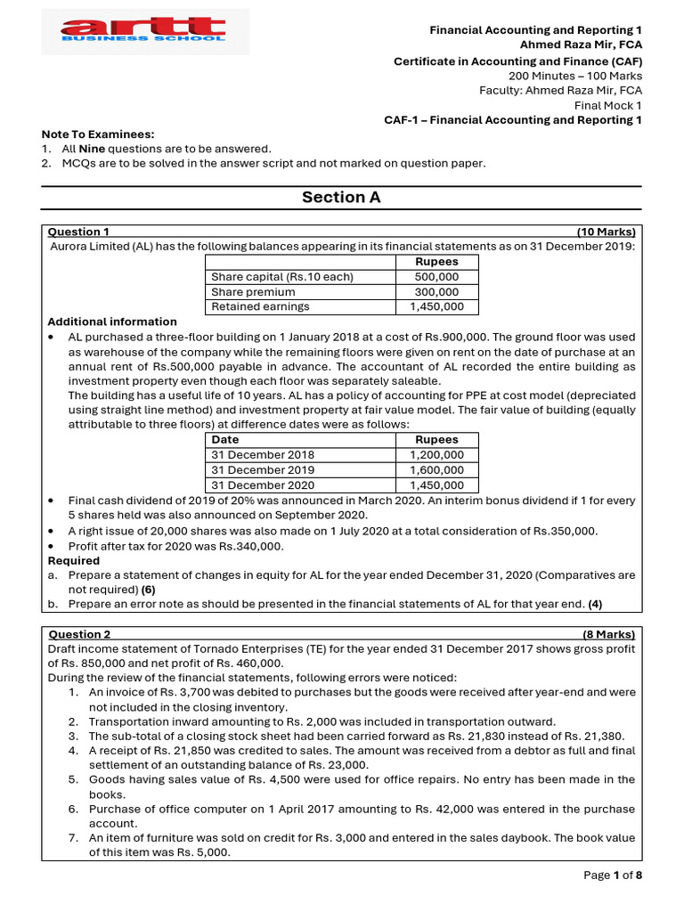 FAR 1 Mock 1 - Autumn 2024 | PDF