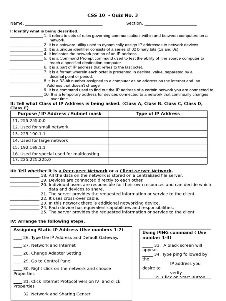 Quiz 3 IP Addressing Peer To Peer Network Client Server Network 1 | PDF