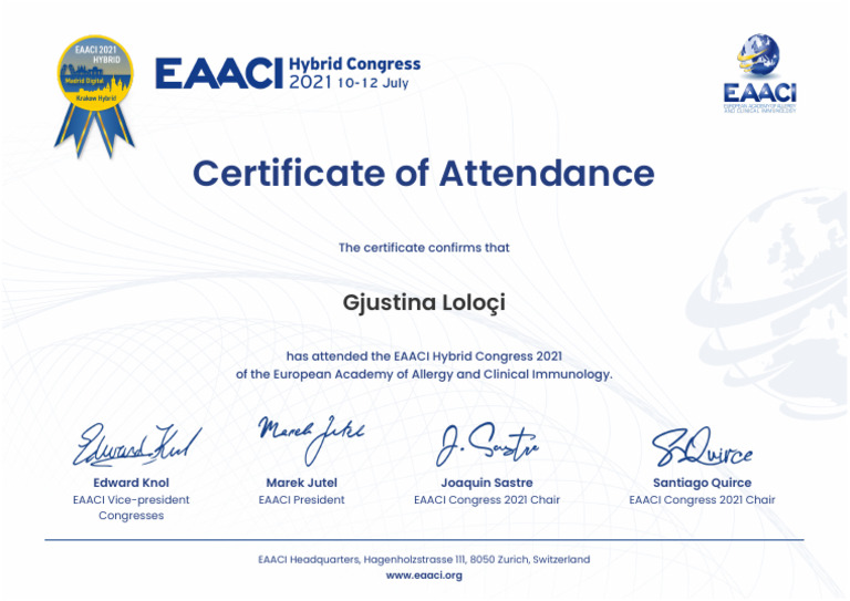 EAACI-Hybrid-2021_Certificate-of-Attendance 4 | PDF