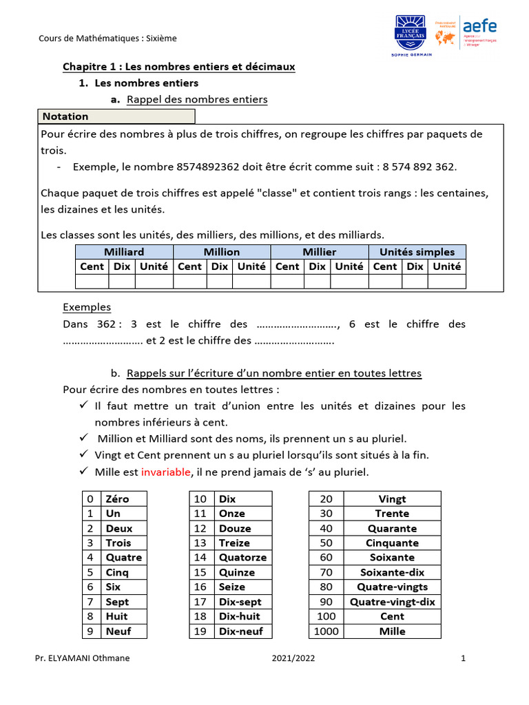6e - Chapitre 1 - Les Nombres Entiers Et Décimaux - Leçon - Septembre ...