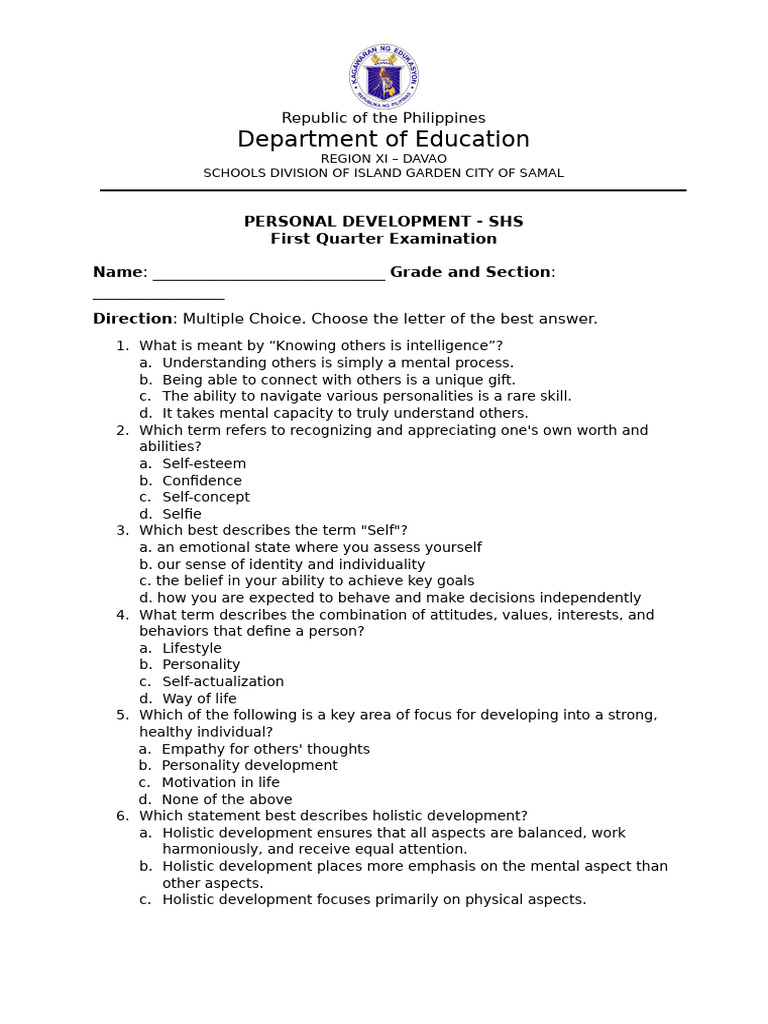 SHS PerDev TQs - Q1 Finalized | PDF | Cerebrum | Career & Growth