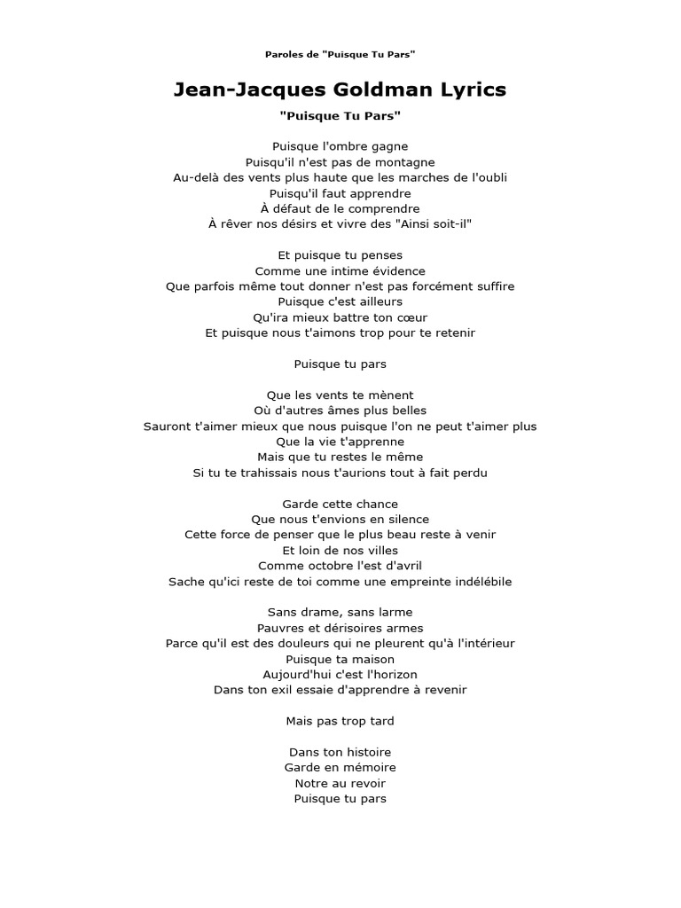 Jean-Jacques Goldman - Paroles de "Puisque Tu Pars" - Lyrics at | PDF