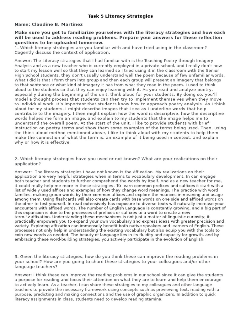 ENG 305 Task 5 Literacy Strategies | PDF