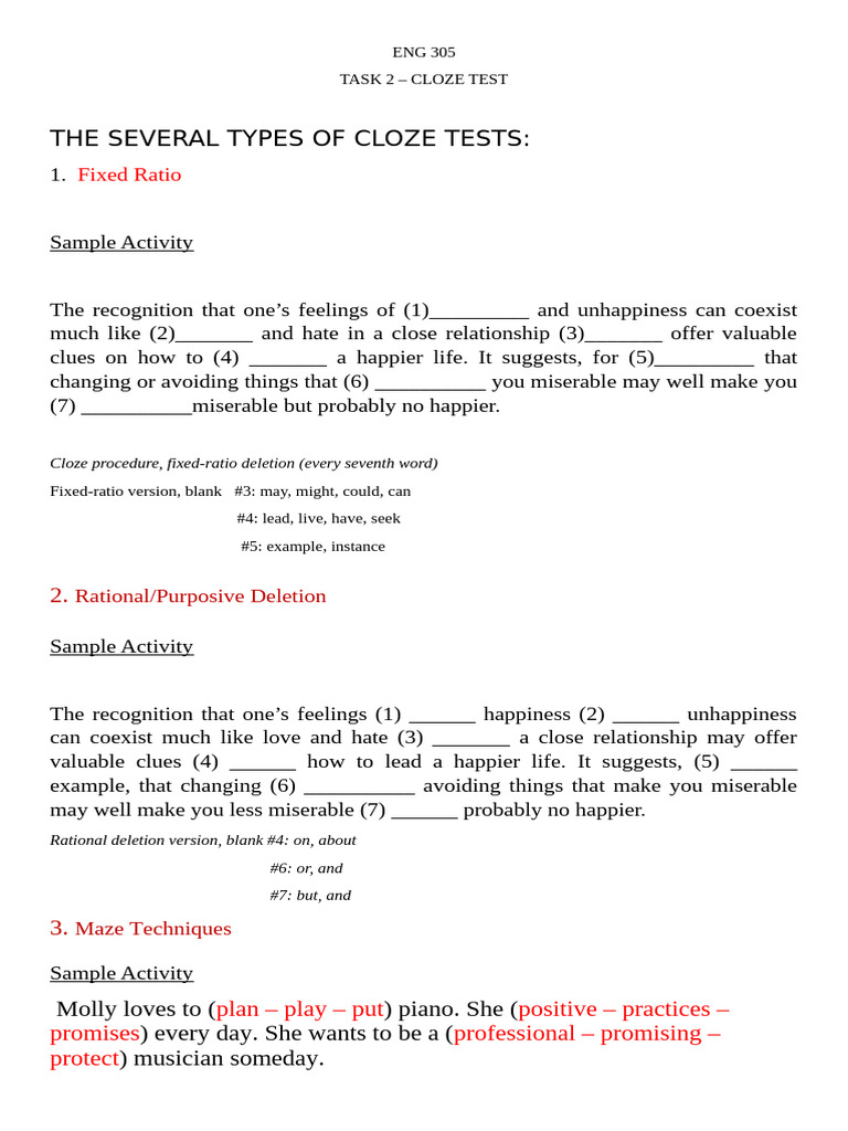 ENG 305 Task 2 Cloze Test | PDF