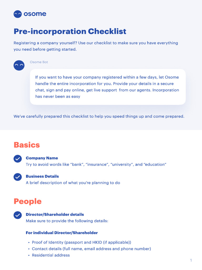 HK Osome Pre Incorporation Checklist 87bc823633 | PDF